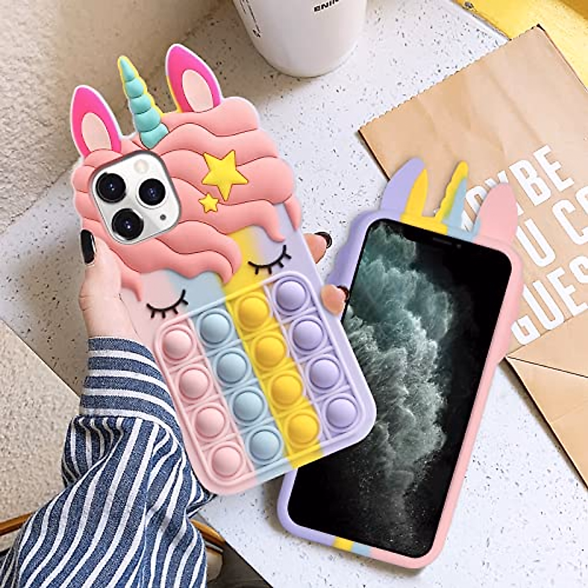 HoneyAKE Fidget Toys Phone Case for iPhone 11 Pro Max Case Bubble Bumper Protective Soft Silicone Shockproof Stress Reliever Pop Phone Cover Shell for Women Girls iPhone 11 Pro Max 6.5'', Rainbow