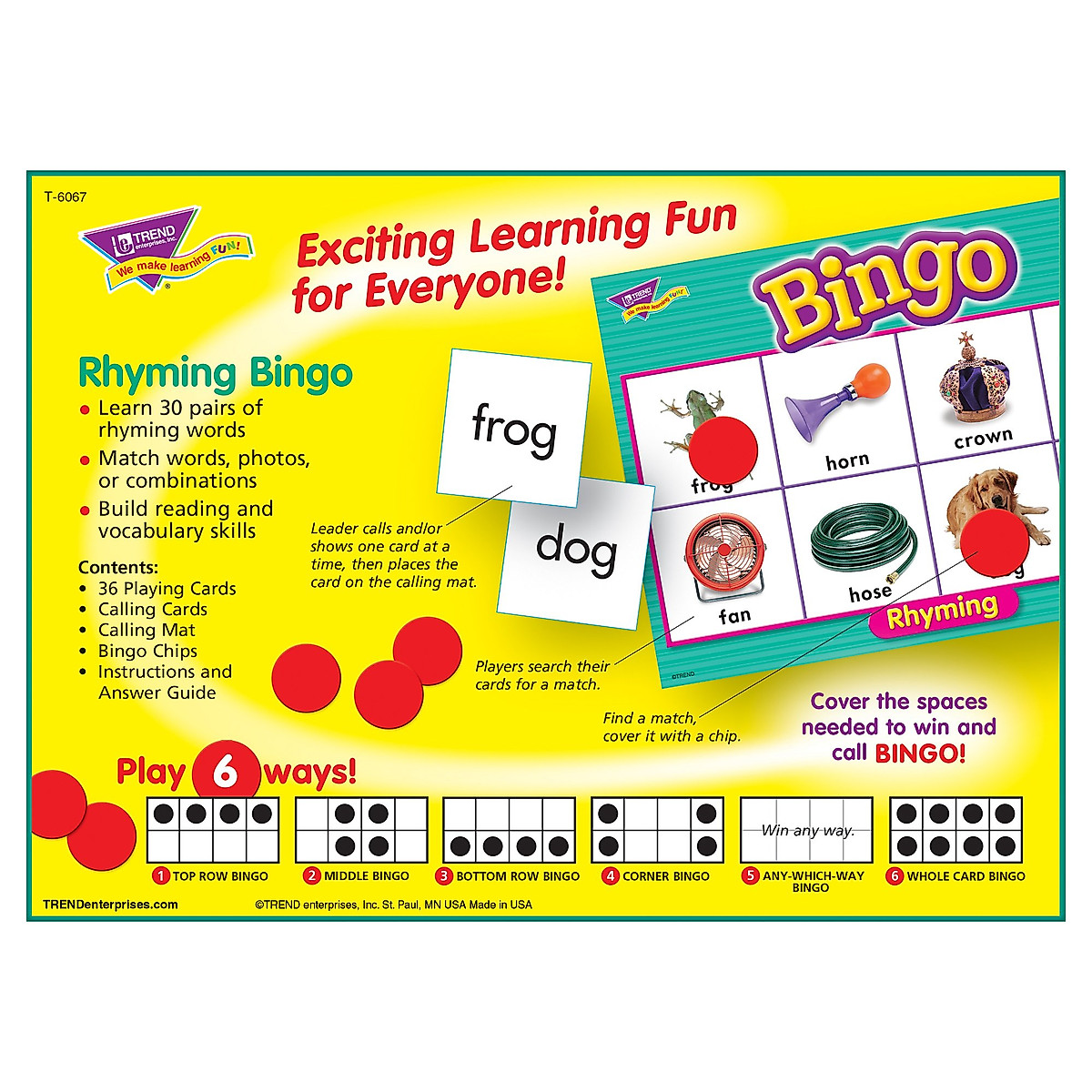 Trend Enterprises: Rhyming Bingo Game, Exciting Way for Everyone to Learn, Play 6 Different Ways, Perfect for Classrooms and at Home, 2 to 36 Players, for Ages 4 and Up