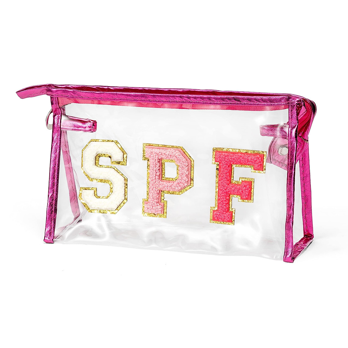 AsodSway Preppy Patch SPF Clear Cosmetic Bag SPF Varsity Letter Toiletry Bag Waterproof PVC Cosmetic Case Multi-Function Zippered Pouch Makeup Bag for Beach Pool, Pencil Case Pen Pouch(Rose Red)