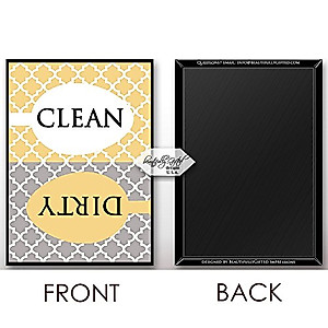 Clean Dirty Dishwasher Magnet Sign - Modern Elegant Moroccan Trellis Pattern - Yellow Gold Grey - 2.5 x 3.5 - Housewarming, Gag Gift Idea for Mom Dad/Christmas Stocking Stuffers for Women Men Teens