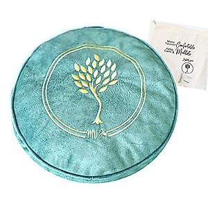 MV Joie Zafu Yoga Meditation Cushion Filled with Buckwheat Hulls & Charcoal Packs | Yoga Pillow in Soft Velvet/Suede; Embroidery Design, Free Lavender Pouch & Anti-dust Cotton Bag