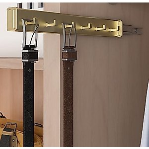 Kitchen Inventions 6-Hook Designer Wardrobe Reversible 13.75" Length Closet Belt Rack with 12" Retractable Pullout Extension and Installation Hardware (Matte Brass)