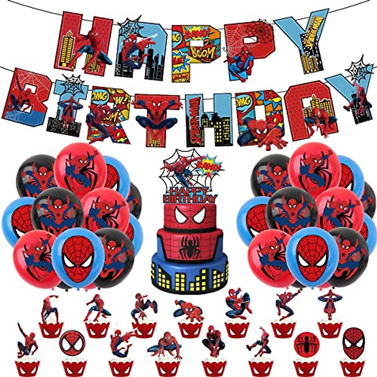 43PCS Spider Birthday Decorations - Spider Theme Party Supplies for Kids Boys with Happy Birthday Banner, Cake Topper, 24 Latex Balloons, 15 Cupcake Toppers
