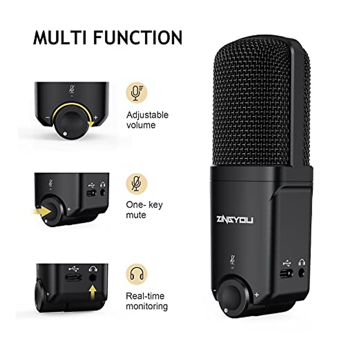 ZINGYOU USB Microphone for Computer, Condenser Desktop Mic Plug & Play with Mic Gain, Mute Button and Headphone Port for PC Recording, Gaming, Streaming, YouTube, Twitch, Voice Over, ZY-UD2 (Black)