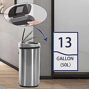 13 Gallon / 50 Liter Trash Can Automatic Garbage Can with Lid for Kitchen Bathroom Bedroom Home or Office High-Capacity Brushed Stainless Steel Touch Free Waste Bin
