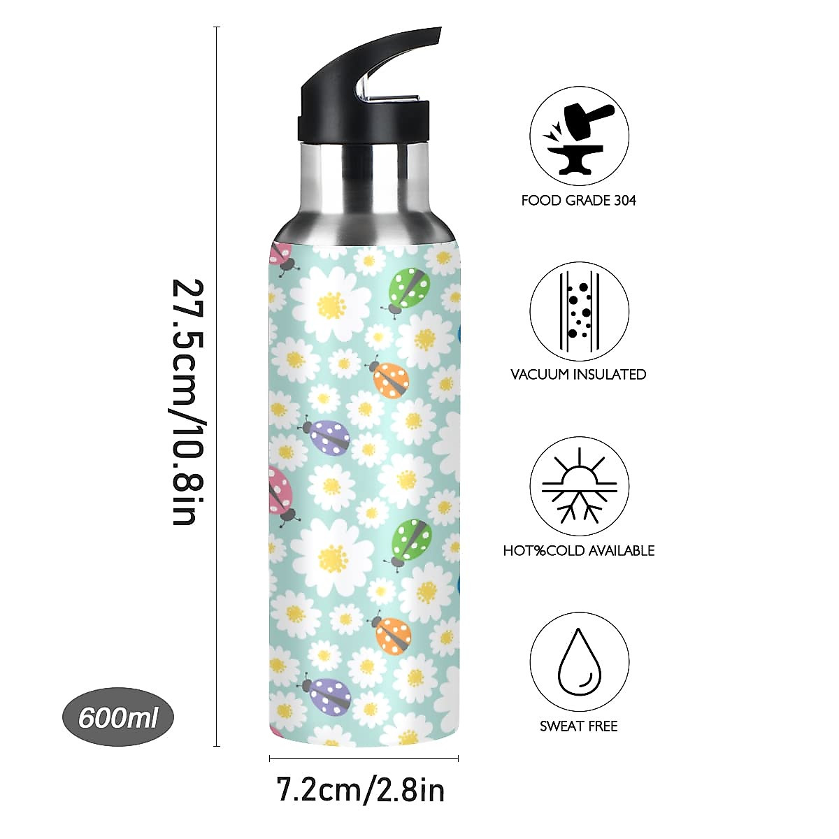linqin Flowers and Ladybugs Stainless Steel Insulated Water Bottle with Straw, BPA Free Leakproof Reusable Drink Jug for Fitness Sports Hiking Outdoors