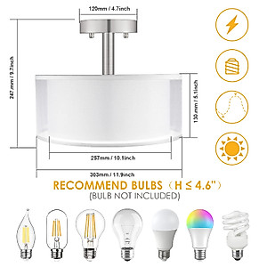 FOLKSMATE 3-Light Semi Flush Mount Ceiling Light Fixture, Drum Light with Double Fabric Shade, Modern Close to Ceiling Lamps for Dining Room Kitchen