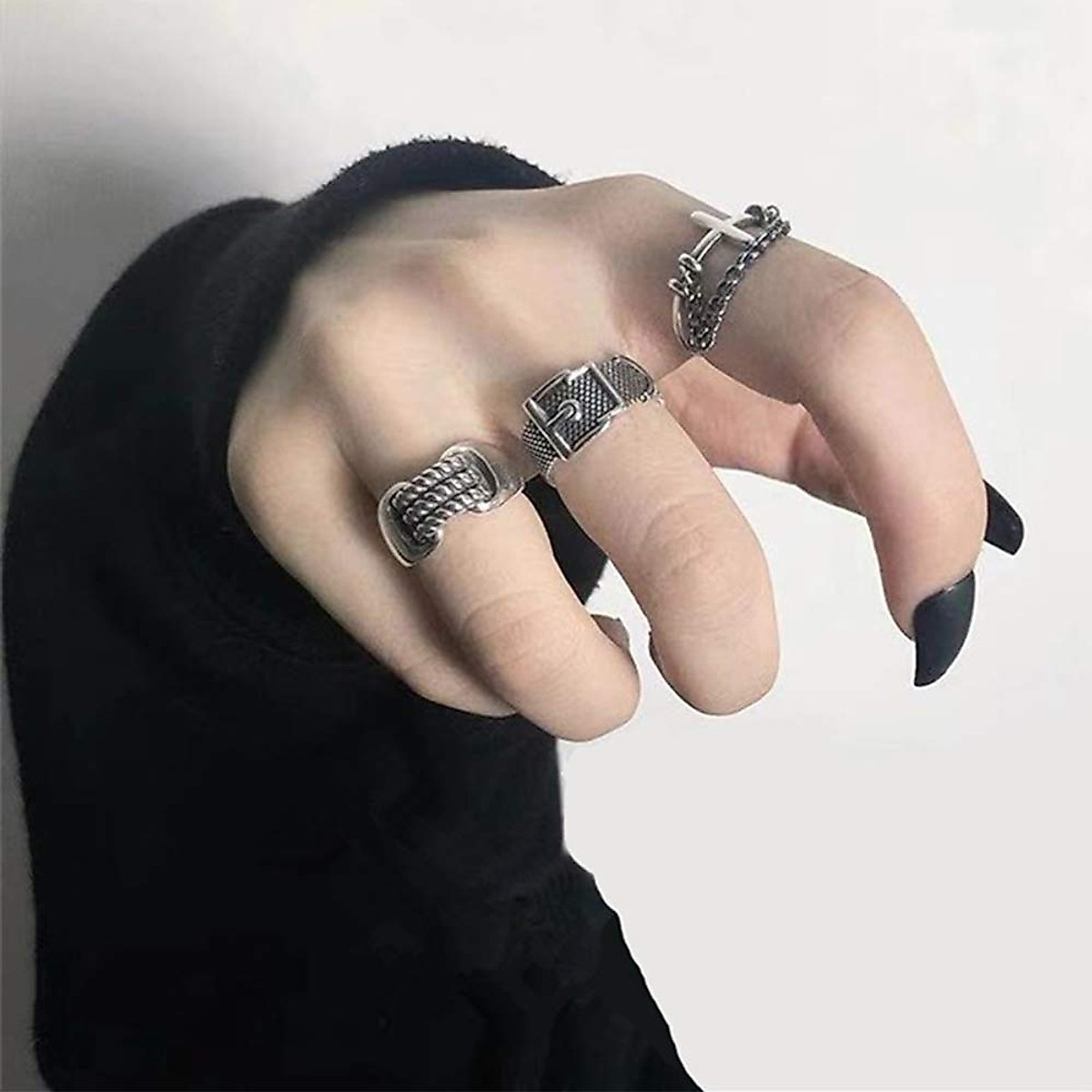 Aimimier Gothic Vintage Ring Set Half Open Cross Chain Belt Finger Ring Punk Stackable Knuckle Ring for Women or Men