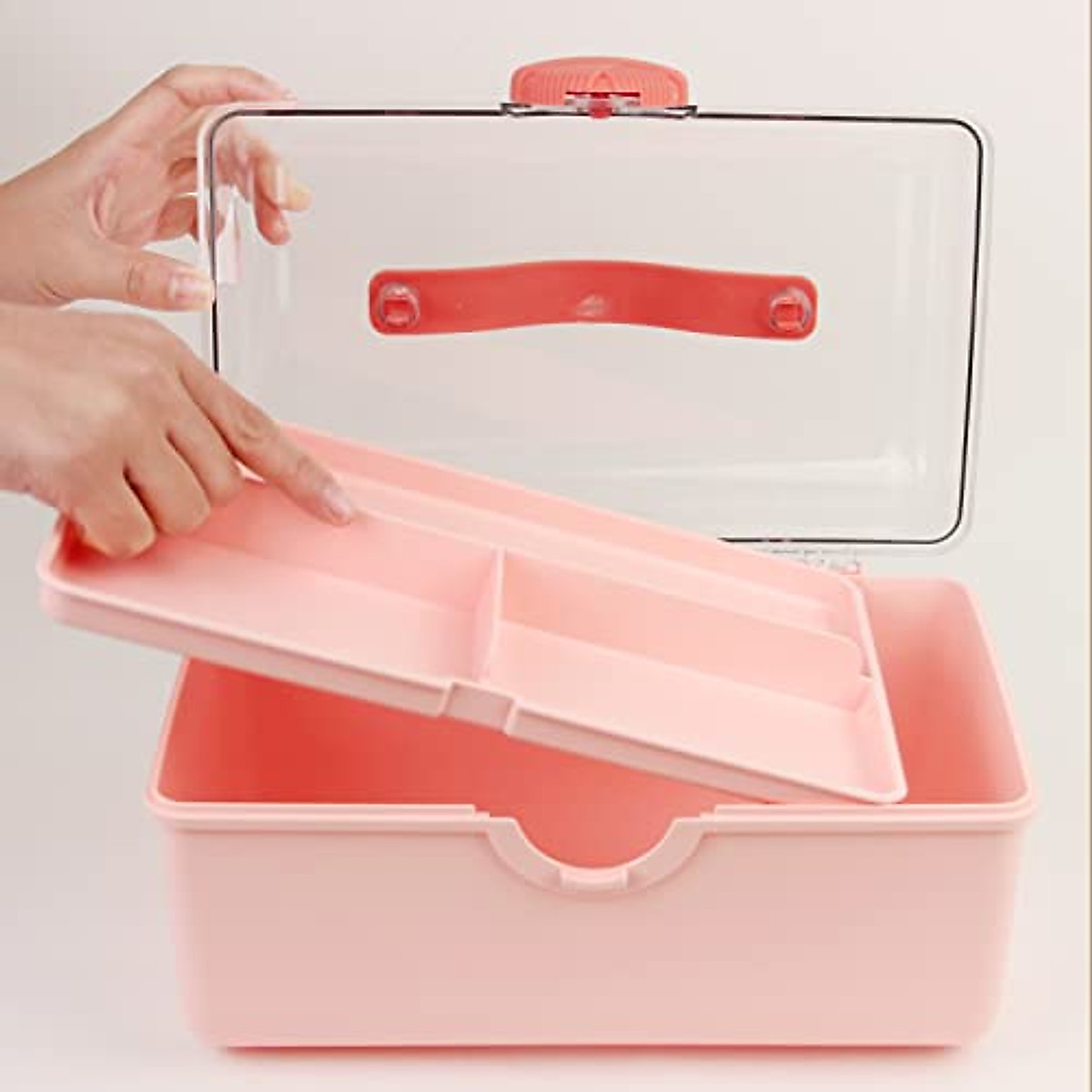 OSteed Craft Storage Organizer, Plastic Sewing Box Portable with Handle, Knob & Grid Tray for Art & Sewing Supply, Cosmetic and Medicine, Pink