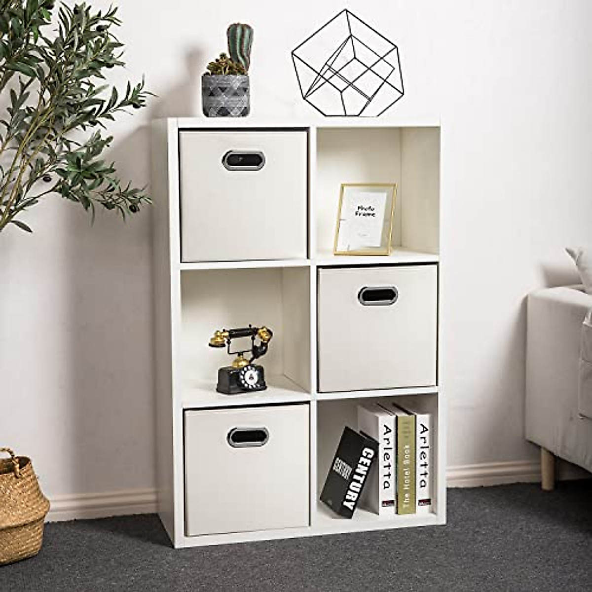 PRANDOM Leather Foldable Cube Storage Bins 13x13 inch [4-Pack] Fabric Storage Baskets Cubes Drawer with Cotton Handles Organizer for Shelves Toy Nursery Closet Bedroom Clothes White