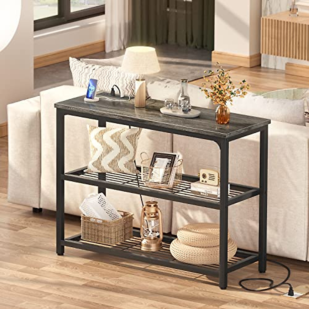 Ecoprsio Console Table with Outlets, Sofa Table with Double Mesh Shelves, Industrial Entryway Table Foyer Table for Entryway, Front Hall, Hallway, Sofa, Couch, Living Room, Coffee Bar, Kitchen, Grey