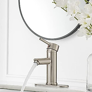 Greenspring Brushed Nickel Bathroom Faucet Single Hole Single Handle Aerator Spout Saving Water Lavatory Vanity Sink Faucet Matching Pop Up Drain with Overflow Mixer Tap Supply Line Lead-Free
