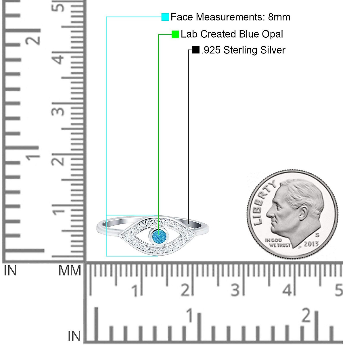 Lab Created Blue Opal Size-4 Evil Eye Ring Round Simulated Cubic Zirconia 925 Sterling Silver