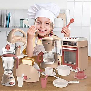 Yalujumb Kitchen Appliances Toys, Toy Kitchen Set for Kids Play Kitchen Accessories Set, Blender, Coffee Maker Machine, Mixer and Toaster,Play Kitchen Set for Kids Ages 4-8