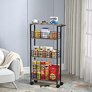 LUMAMU Slim Storage Cart for Small Spaces, 4 Tier Mobile Rolling Cart with Wheels Slide Out Storage Utility Shelves Cart with Wooden for Kitchen Narrow Spaces