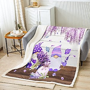 Manfei Cute Gnomes Throw Blanket Purple Vine Flower Butterfly Blanket for Couch Sofa, Lavender Bouquet Bed Blanket for Kids Boys Girls, Soft and Breathable Fleece Blanket(50 x 60 Inches)