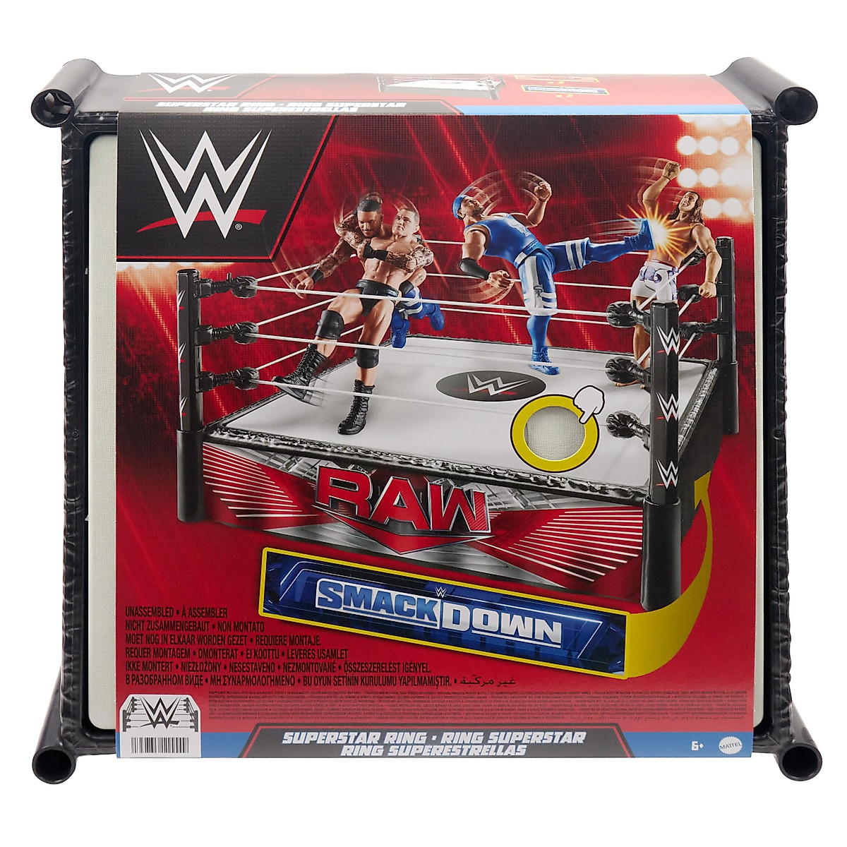 Mattel WWE Superstar Ring, 14 inches with Spring-Loaded Mat, 4 Event Apron Stickers & Pro-Tension Ropes for WWE 6-inch Action Figures