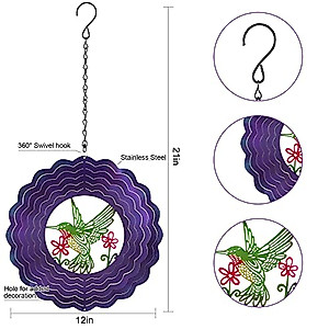 Glintoper 2 Pack Hummingbird Wind Spinners, 12 Inch Stainless Steel 3D Laser Cut Sun Catcher Metal Art, Indoor Outdoor Hanging Garden Decoration Colorful Crafts Ornaments Wind Spinner