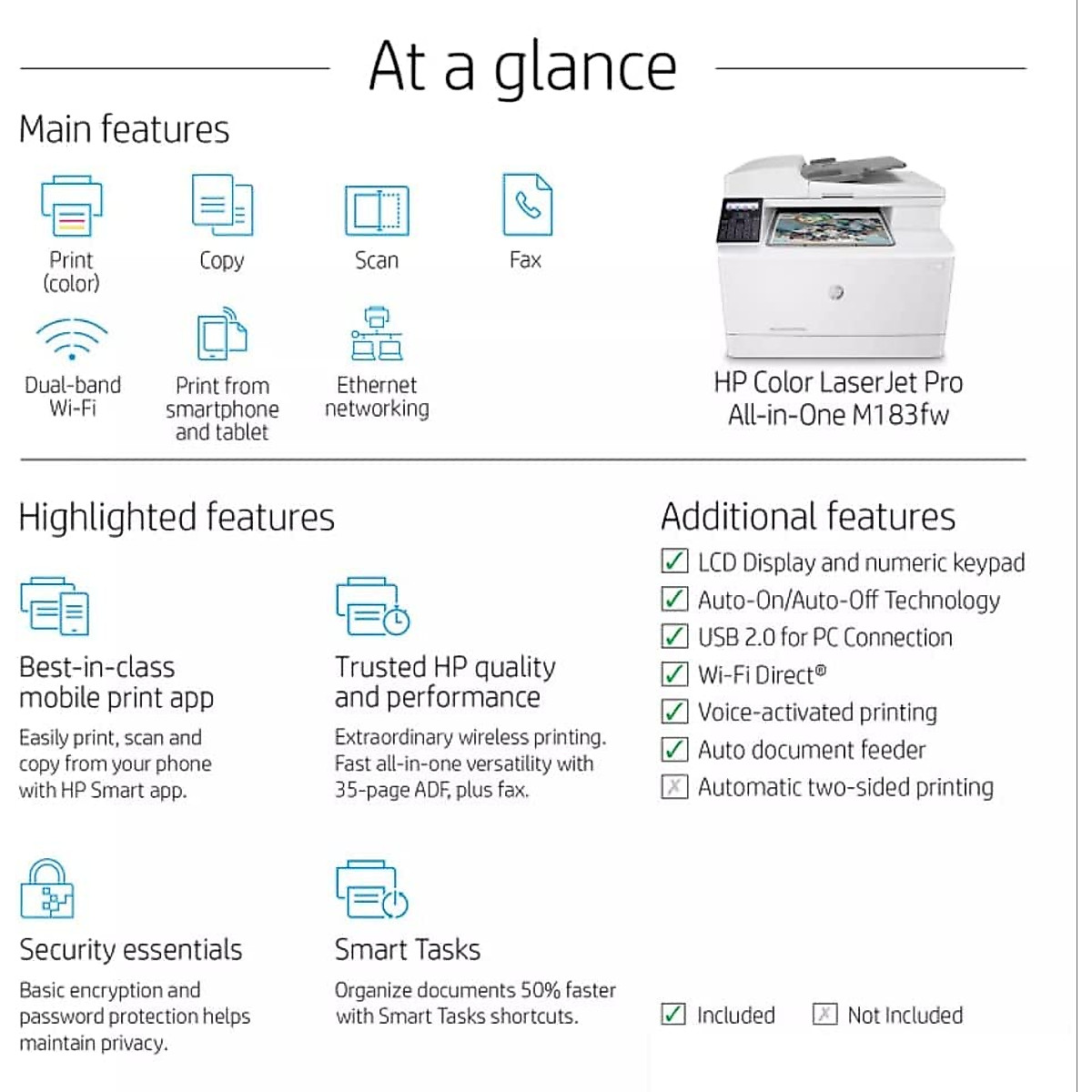 HP Laserjet Pro MFP M183FW All-in-One Wireless Color Laser Printer, Print,Copy,Scan,Fax, 16ppm, 600x600 dpi, Auto Duplex Printing, 2-line Display, 35-Page ADF, Wulic Printer Cable