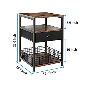 Industrial Nightstand, Bedside Table End Table with Storage Drawer, Open Wood Shelf, 16”x 16” Side Table with Adjustable Feet, for Bedside Sofa Couch, Living Room, Bedroom, Black and Brown