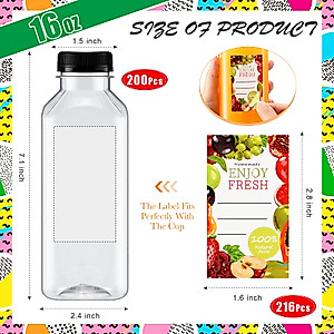 Skylety 200 Pcs Plastic Juice Bottles with Lids, Empty Clear Juice Bottles with Caps and Label, Juice Storage for Fridge with 2 Pcs Funnel and 2 Pcs Brush Beverage Containers for Juicing Milk (16 oz)