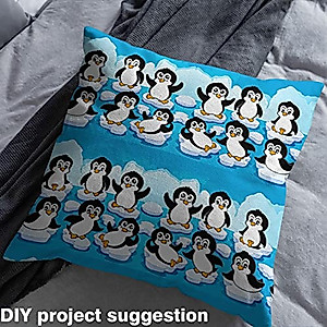 Cartoon Penguin Fabric by The Yard Cute Baby Penguins Playing Water Various Poses Upholstery Fabric for Kids Boys Girls Summer Decorative Fabric,DIY Art Outdoor Fabric for Quilting,2 Yards,Blue White