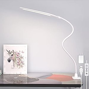 HAILOLY Desk Lamps for Home Office, White Desk Lamp with Clamp, LED Desk Lamp with USB Port,Eye-Caring Office Light Dimmable, Clamp Lamp for Desktop,Workbench