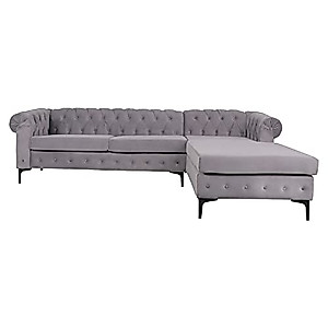 NOSGA Large Sofa,Velvet Sectional Sofa with Chaise Lounge, Modern Seater Couch Furniture, seat Sofa Classic Tufted Chesterfield Settee Sofa Tufted Back for Living Room (Grey)