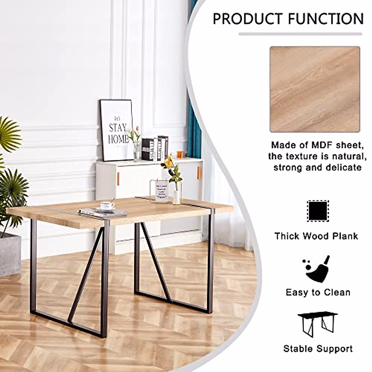 55 in Modern Dining Table Set for 4, 5-Piece Kitchen Dining Table Set, Modern Rectangle Wood Dining Table and Fabric Chairs Set for 4 Suitable for Dining Room, Living Room (Brown, table+4 chairs)