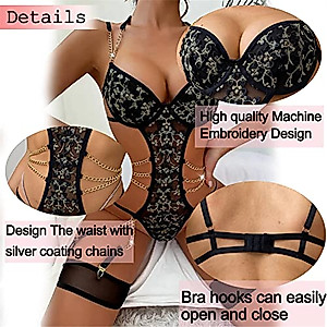 LQWY Sexy Garter Lingerie Set for Women Floral Lace Mesh Chain Babydoll Underwire Bra and Panty Sets