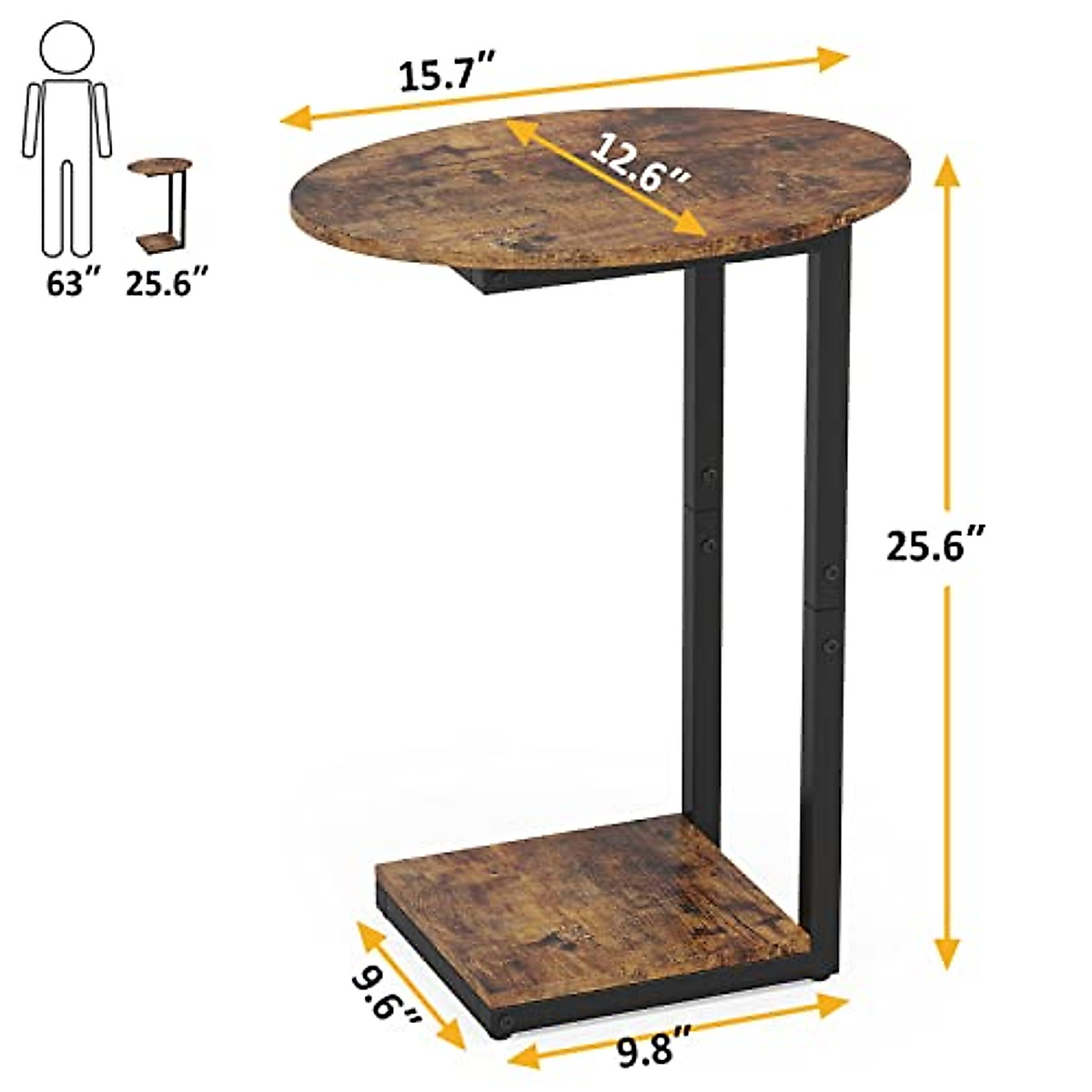 Small Side Table C Table End Table - Small Wood Coffee Table TV Tray for Eating Couch Tables That Slide Under, Modern C Shaped Side Table for Small Space, Oval Table Top Design, Rustic Brown