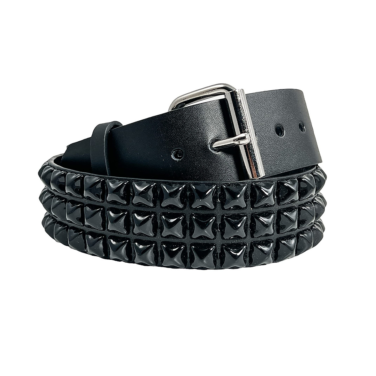 Three Row Black Pyramid Stud Belt Made In USA Genuine Leather Punk Goth Thrash Metal (XXXL-42)