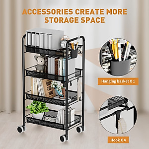 DMplus 4-Tier Metal Rolling Cart on Wheels with Baskets, Easy Carry and Assemble Multifunction Utility Cart with Practical Bucket and Hooks, Black MRC01B