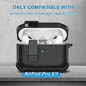 R-fun for AirPods Pro 2nd /1st Generation Carbon Fiber Case Cover with Lock,Automatic Snap Switch and Full-Body Drop Protection Case for AirPods Pro 2 -Black