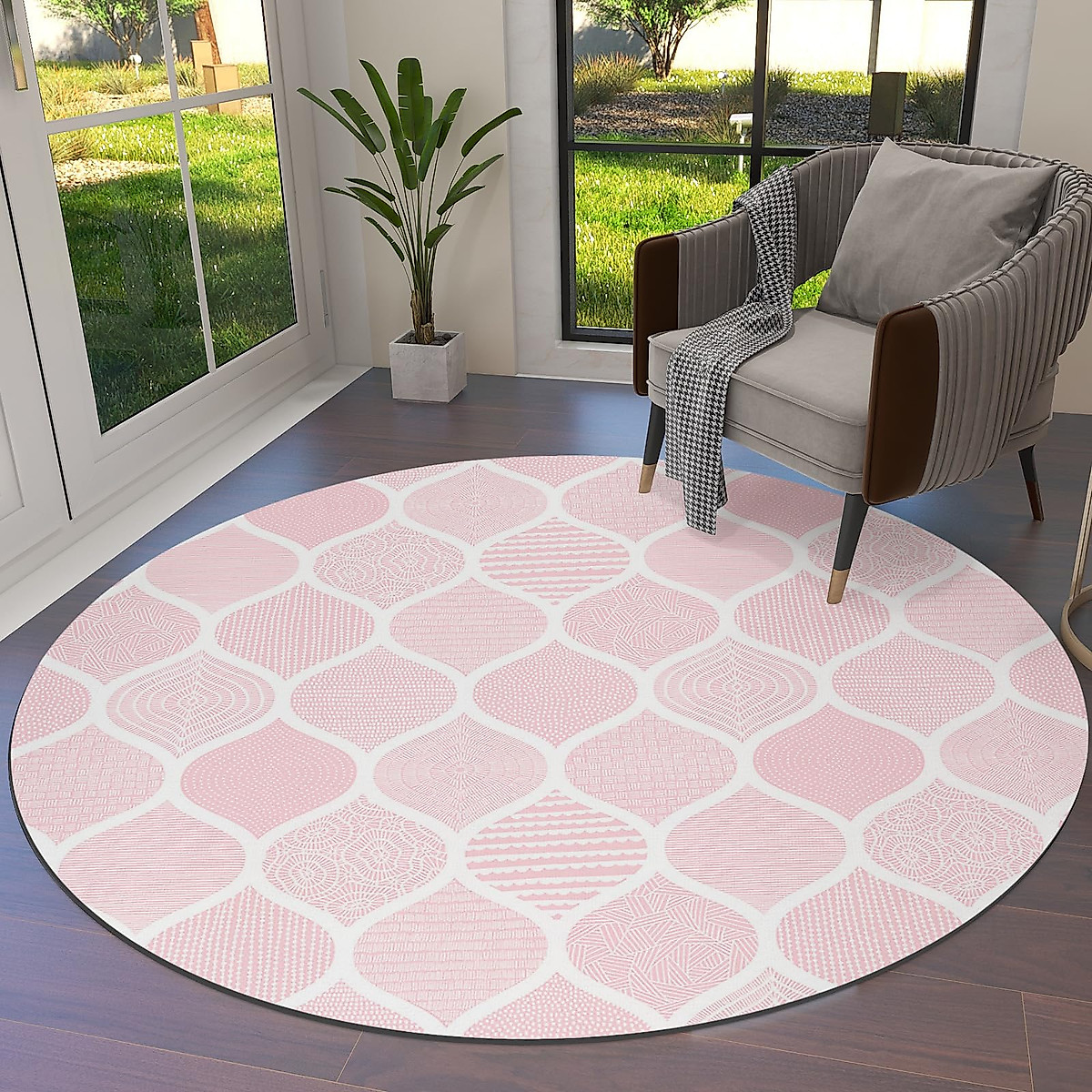 Morocco Pink Area Rug Carpet for Kids Teen Girls Boys Bedroom, Living Room, Washable Outdoor Indoor Accent Throw Runner Floor Mat Area+Rug Geometric Minimalist Boho Indian Print 3FT(Round)