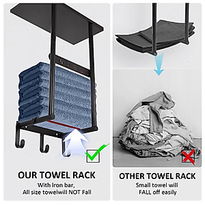 Towel Racks for Bathroom Wall Mounted, Wall Towel Rack for Rolled Towels, Bathroom Wall Organizers and Towel Storage, With Metal Shelf and 3 Hooks for Small Bathroom, Camper, RV Storage, Black
