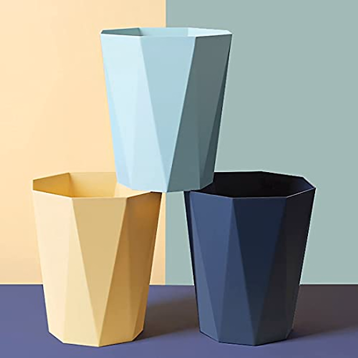 Qinlee Spruce Sleek and Stylish Polygonal Plastic Small Wastebasket Trash Can for Bedroom, Living Room, Home Office, Children's Room Garbage Container Bin(Mustard Yellow,L/9"x11.8")