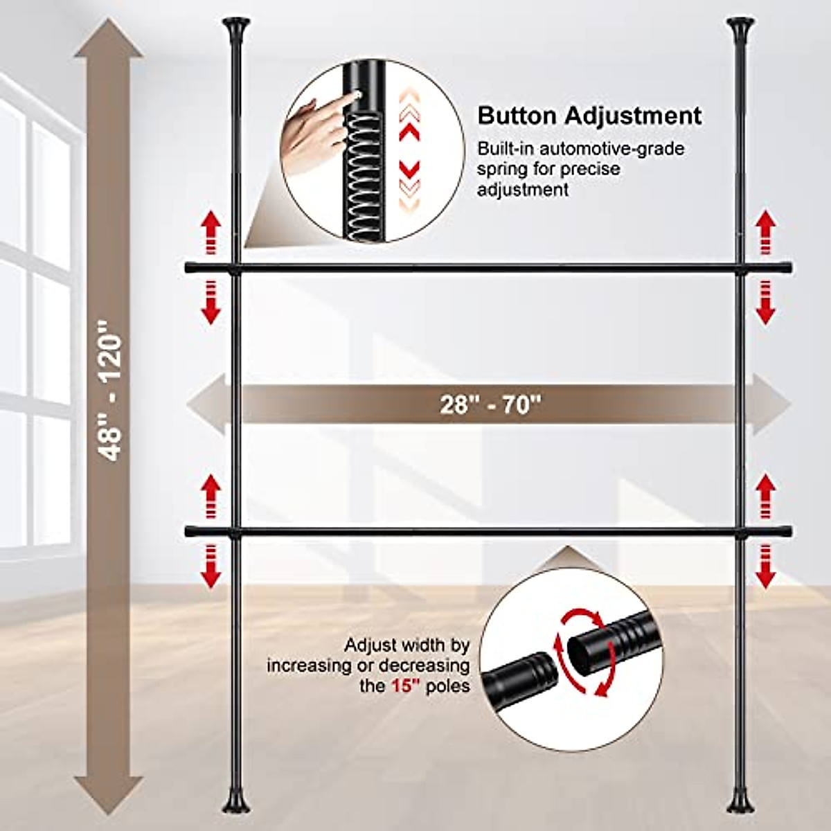 Closet Organizer Clothes Rack, Heavy Duty 2-Tier Adjustable Free Standing Laundry Drying Garment Rack, Floor to Ceiling Clothing Hanger Tension Rod Closet System Wardrobe Storage Matt Black