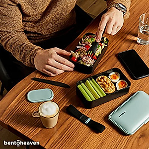 Bentoheaven Premium Bento Box Adult Lunch Box with 2 Compartments (40oz), Cutlery & Set of Chopsticks, Large Dip Container, Cute Black Japanese Bento Box, Rectangle, Microwavable (Billie Green)