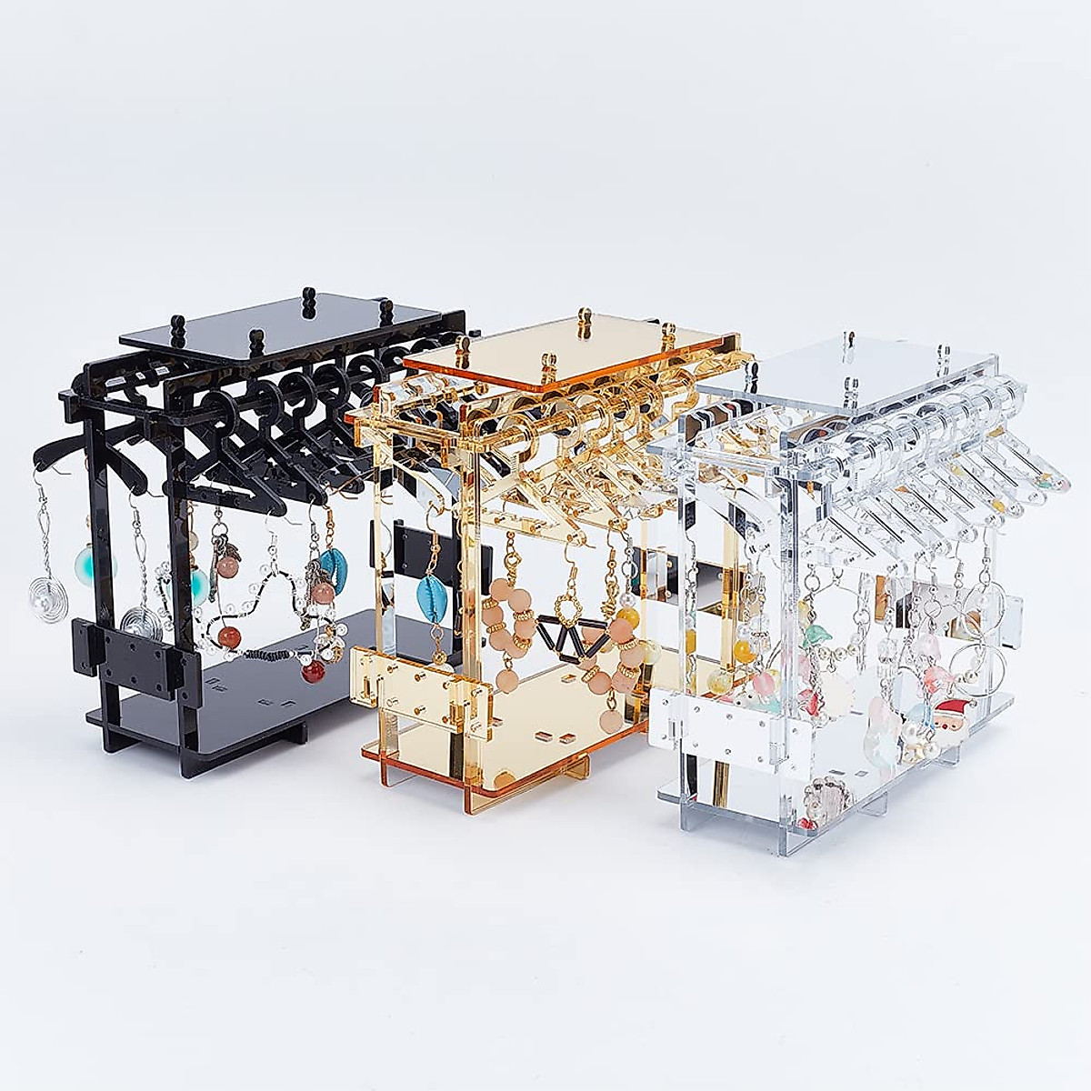 DELORIGIN Acrylic Earring Holder Stand Clothes Rack Shape Jewelry Display with 16 Clothes Hangers Dangle Earrings Organizer Ear Studs Display Rack for Retail Show 6.88 x 2.36 x 5.51 Inches