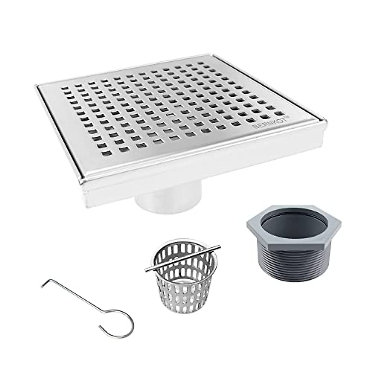 Bernkot Square Shower Drain 6", 304 Stainless Steel Floor Drain w/Hair Strainer, Grid Shower Drain w/CUPC Certified, Brushed