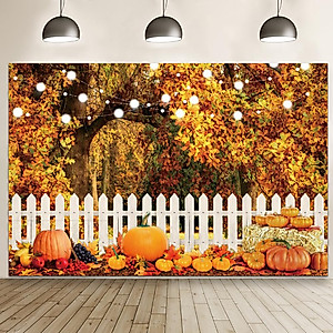 LFEEY Autumn Forest Thanksgiving Day Photography Backdrop, 10x8ft Rustic Fall Barn Pumpkin Thanksgiving Party Farm Harvest Event Backdrop, Kids Adults Photoshoot Photo Booth Studio Prop