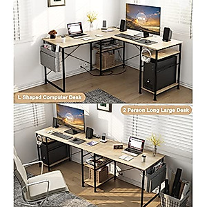 Tbfit L Shaped Desk with Storage Shelves,95.2 Inch Reversible Coner, Office Desk for Small Space,Large Computer Gaming Desk Workstation with Power Outlet,2 Person Long Writing Study Table(Oak)