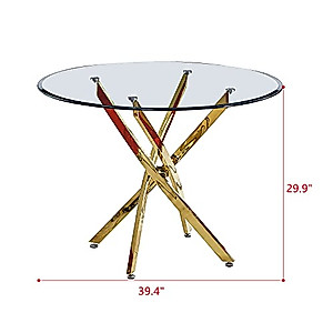 SSLine 39" Round Dining Table for 4 Tempered Glass Kitchen Table w/Mirrored Stainless Steel Nest-Shape Base Mid-Century Dinner Table for Dining Room Home Office Meeting Table(Gold)