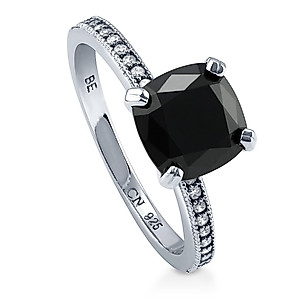 BERRICLE Sterling Silver Solitaire 3 Carat Black Cushion Cut Cubic Zirconia CZ Fashion Ring for Women, Rhodium Plated Size 7