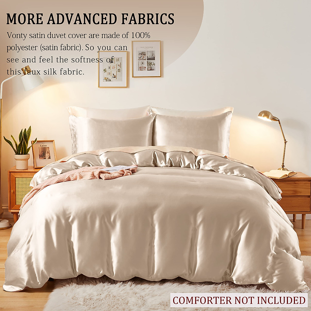 Vonty 3-Piece Silky Satin Duvet Cover Set Full/Queen Size Duvet Cover, Organic Natural 400TC Beige Duvet Cover Set - Luxury & Sexy Bedding Duvet Covers with Zipper Closure(No Comforter)