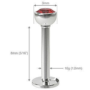 2pc 16g Surgical Steel Labret Monroe Lip Ring 3mm Red Gem Tragus Earring Stud Piercing Jewelry 8mm