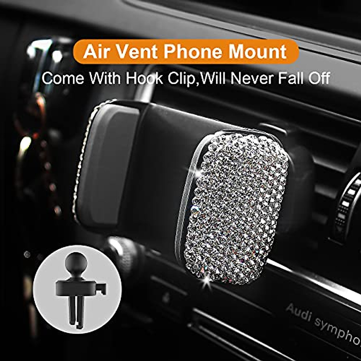Bling Phone Holder for Car, Girly Rhinestone Car Dashboard Windshield Cell Phone Mount , 360 Degree Adjustable Glitter Sparkly Handcrafted Diamond Car Decor for Women with Air Vent Hook Clip, White