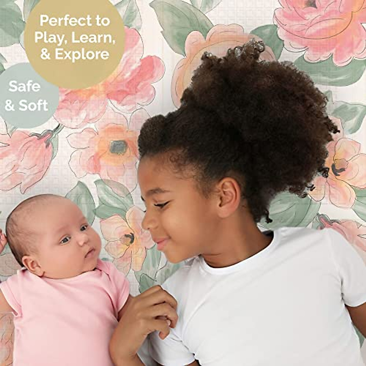 JumpOff Jo - Large Waterproof Foam Padded Play Mat for Infants, Babies, Toddlers, Play Pens & Tummy Time, Foldable Activity Mat, 70 in. x 59 in. - Love Blossoms