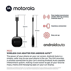 Motorola MA1 Wireless Android Auto Car Adapter - Instant Connection from Smartphone to Car Screen with Easy Setup - Direct Plug-in USB Adapter - Secure Gel Pad Included